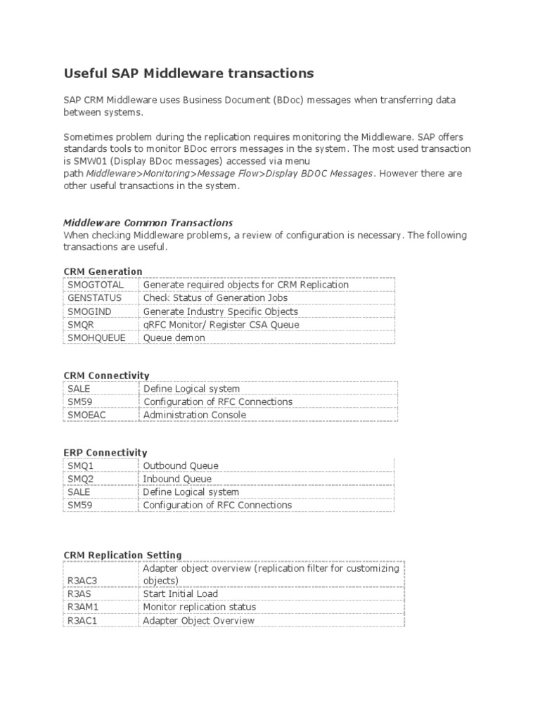 Useful Sap Middleware Transactions Pdf Replication Computing Customer Relationship