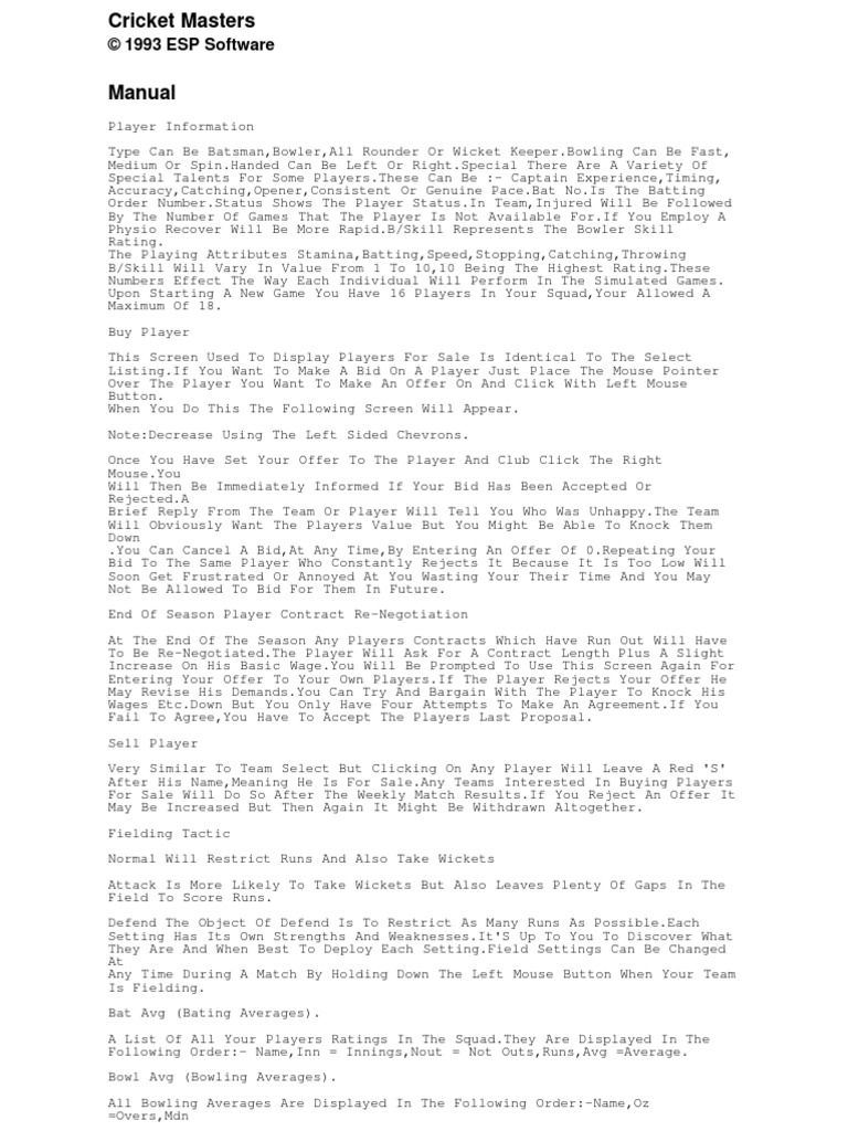 AMIGA - Cricket Masters Manual | PDF