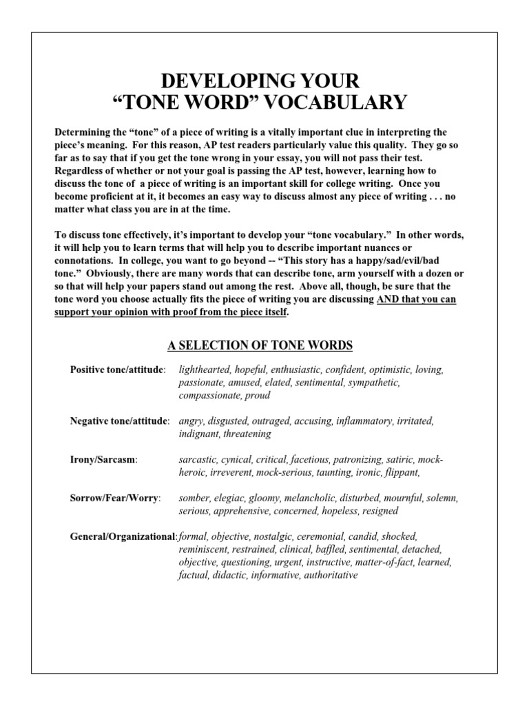 TONE Words AP Language | PDF | Advanced Placement | Test (Assessment)