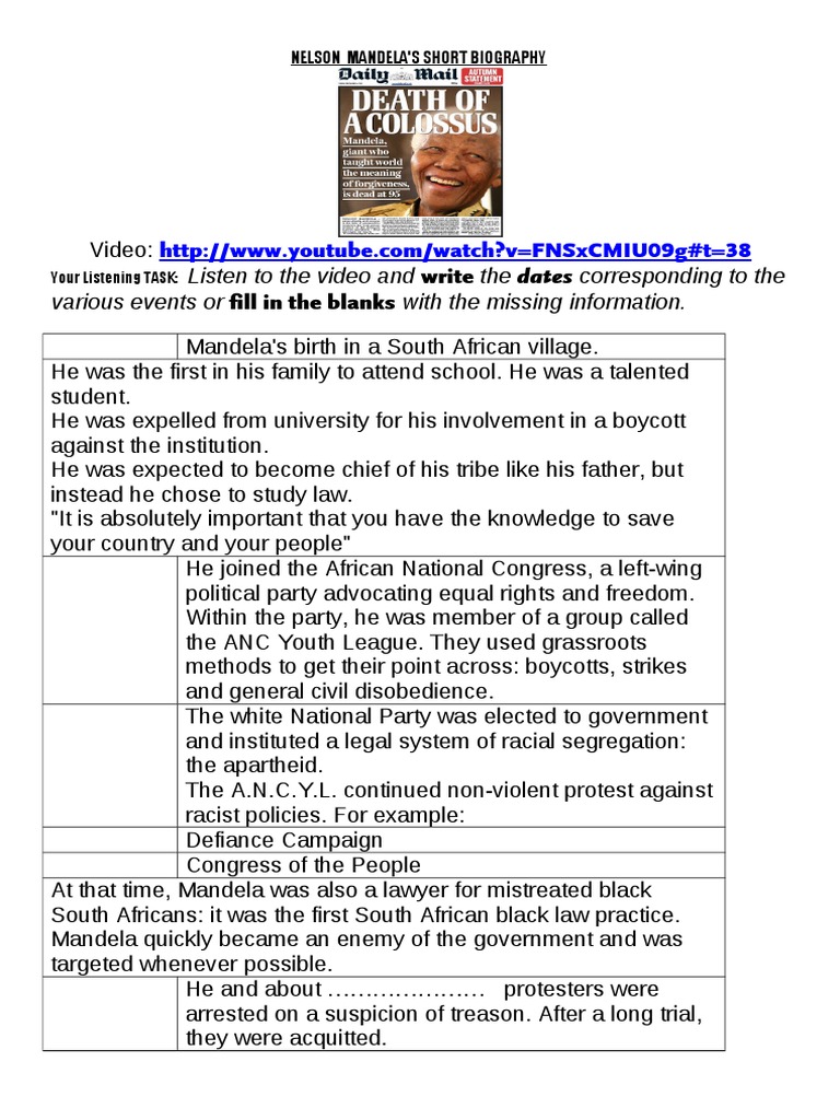 NELSON MANDELA Worksheet Video BIs | PDF | Nelson Mandela | Apartheid