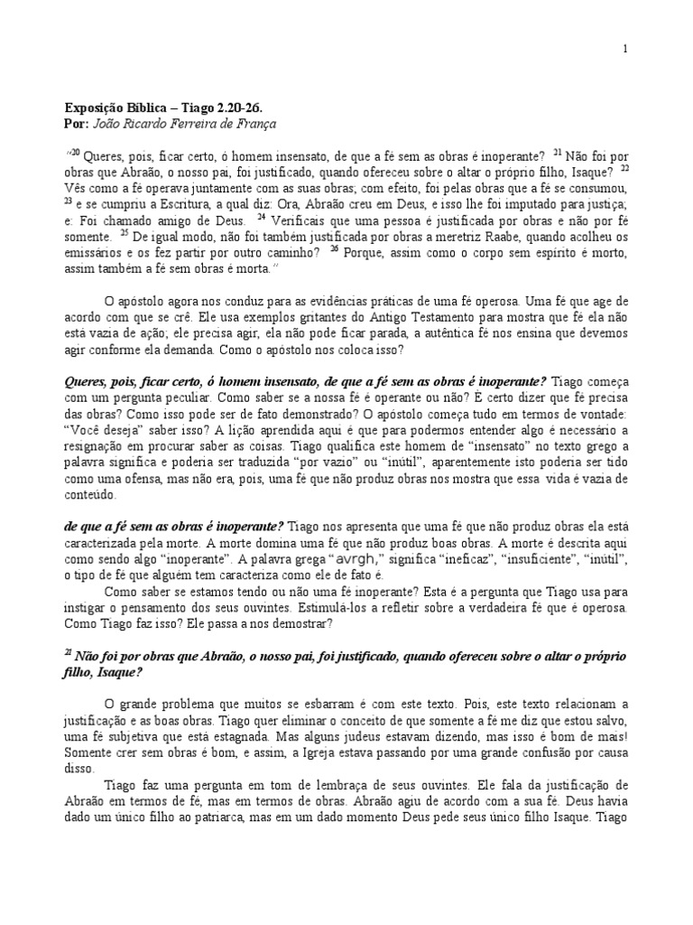 Fé e Obras em Tiago 2:20-26 | PDF | Boas ações (Teologia) | Fé