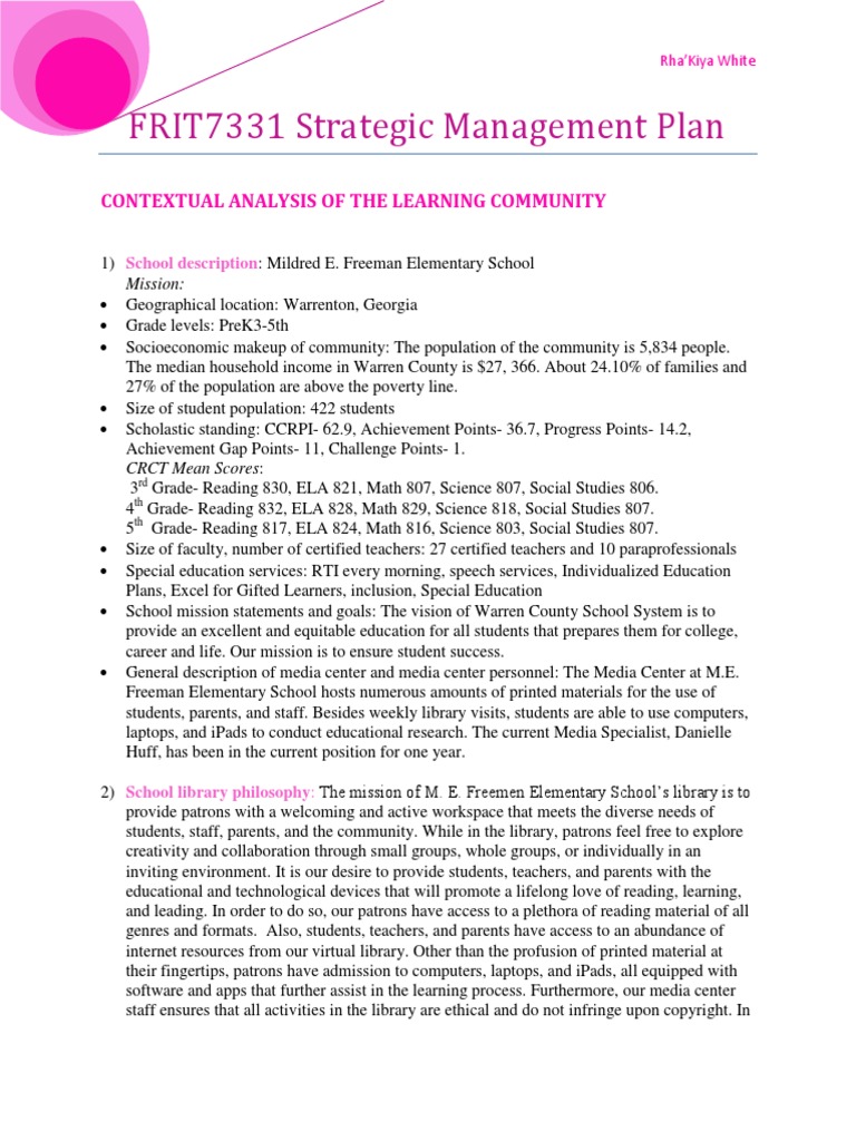 Stragetic Management Plan | PDF | School Library | Librarian