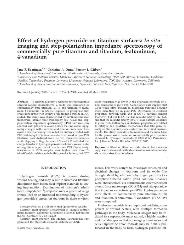 Effect of Hydrogen Peroxide On Titanium Surfaces in Situ Imaging and ...