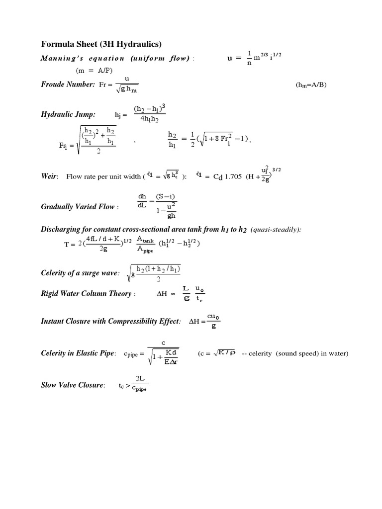 Hydraulics Formula | PDF | Gas Technologies | Dynamics (Mechanics)