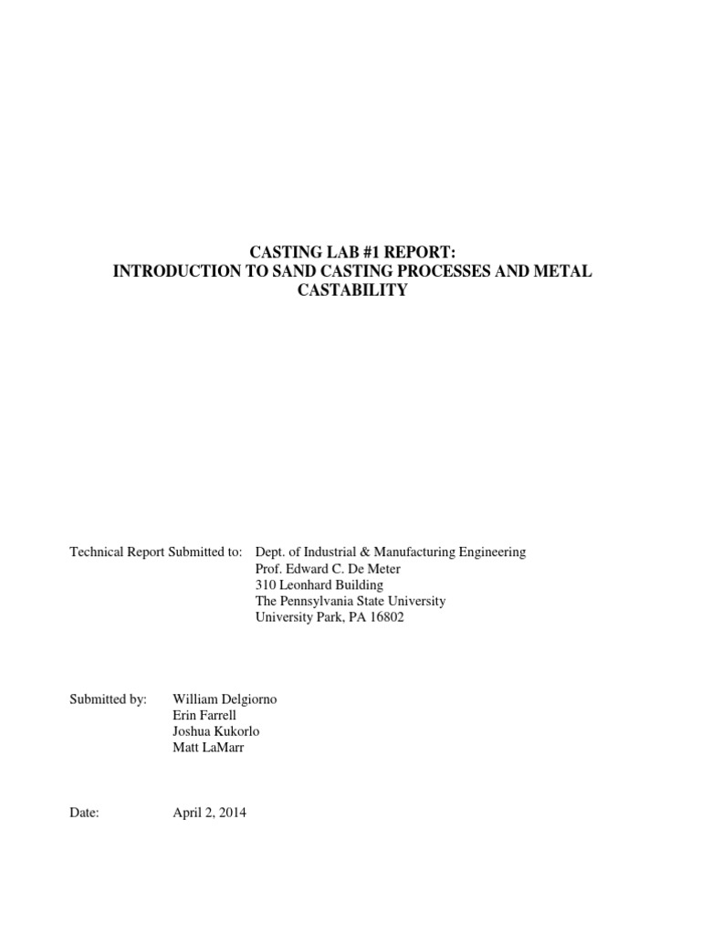 Casting Lab 1 Report | PDF | Casting (Metalworking) | Metalworking