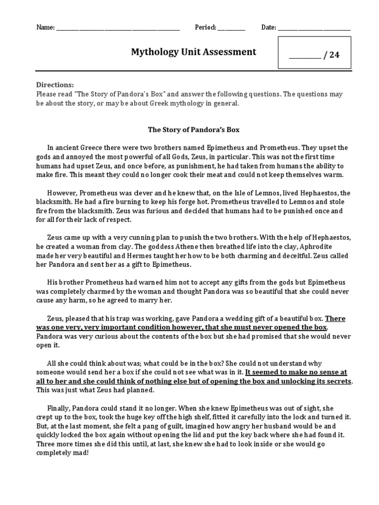 6th Grade Greek Mythology Unit Assessment | Prometheus | Greek Mythology