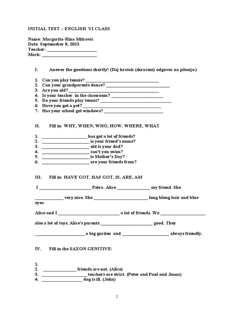 Inicijalni Test ENGLISH VI | PDF