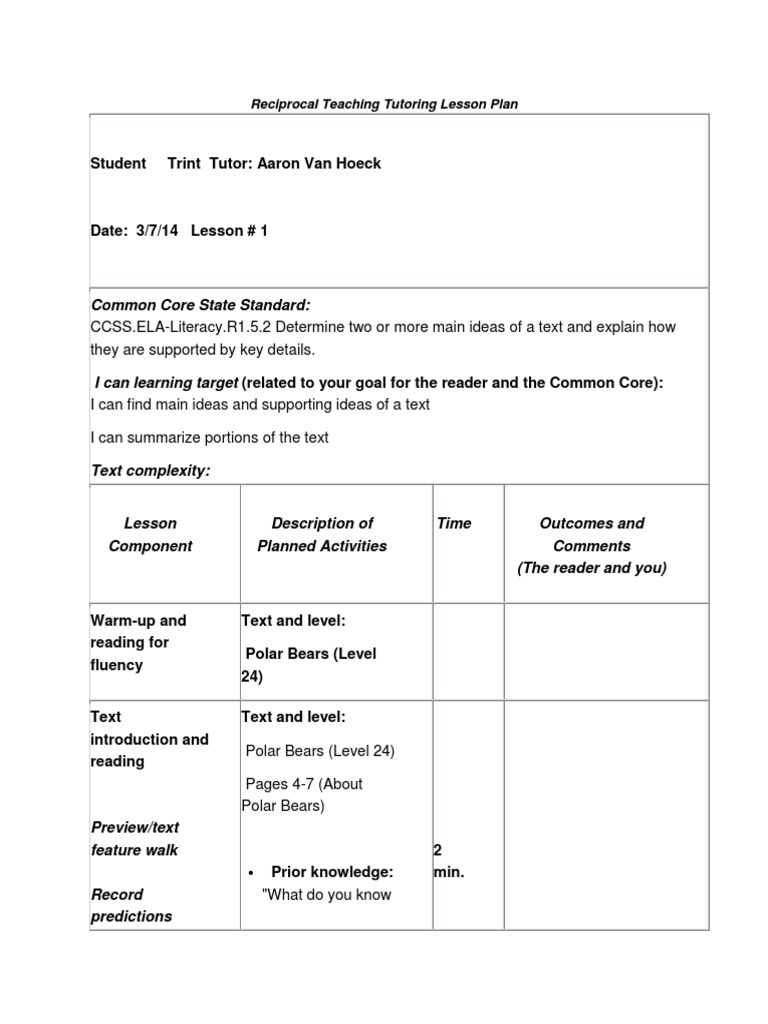 Reciprocal Teaching Lesson Plan | PDF | Applied Psychology | Education ...