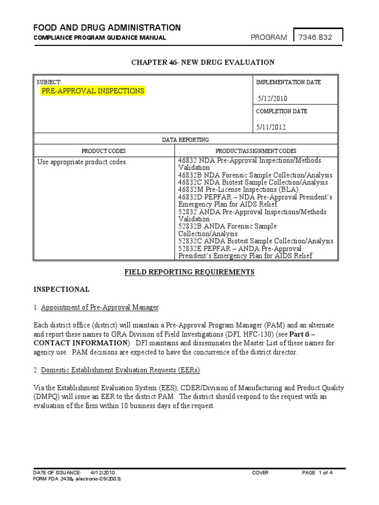 USFDA - Pre-Approval Inspection | PDF | Food And Drug Administration ...