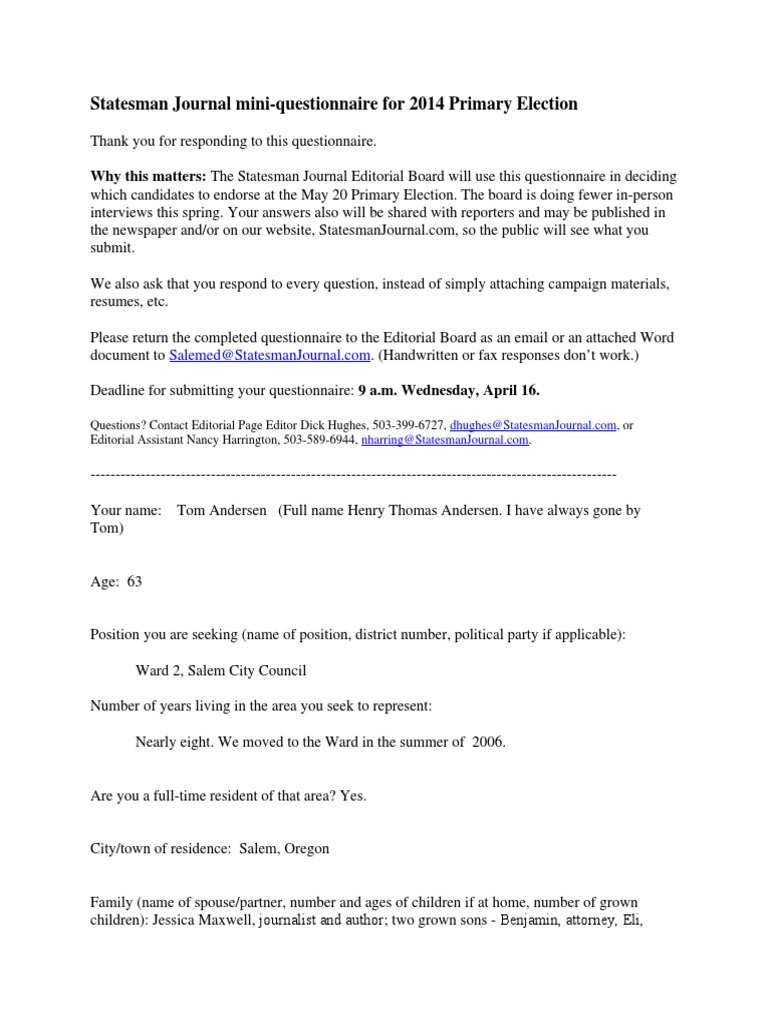 Candidate Questionnaire for Endorsement | PDF | Politics