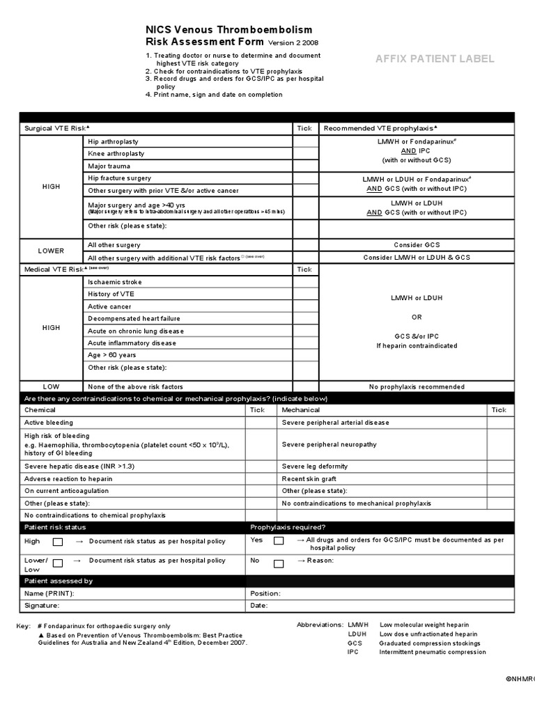 2008 NICS VTE Risk Assessment Form v2 | Thrombosis | Clinical Medicine