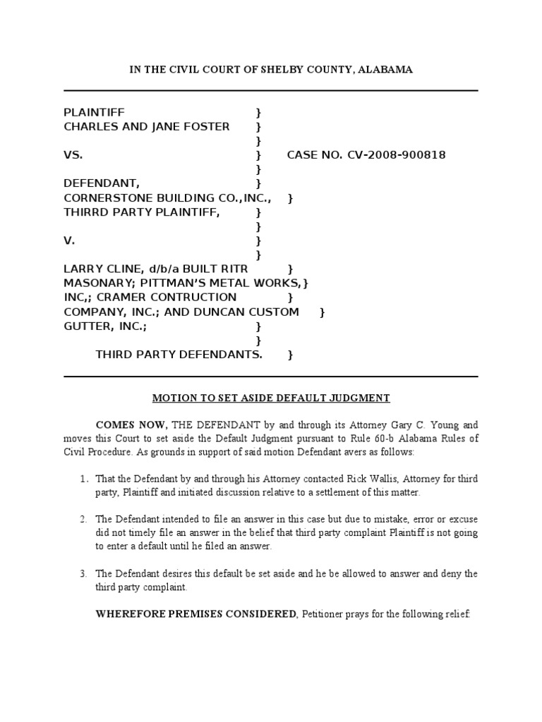Motion To Set Aside | PDF | Default Judgment | Complaint