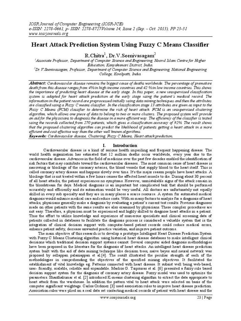 Heart Attack Prediction System Using Fuzzy C Means Classifier | PDF | Sensitivity And ...
