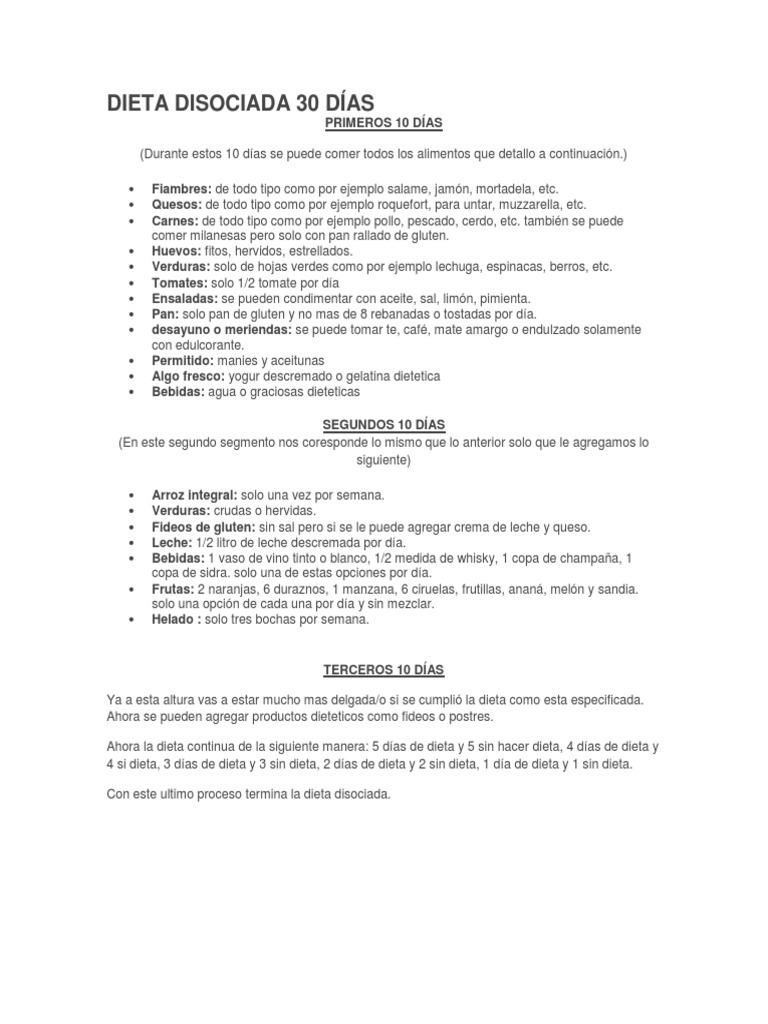 Menú de Dieta Disociada 30 Días | PDF