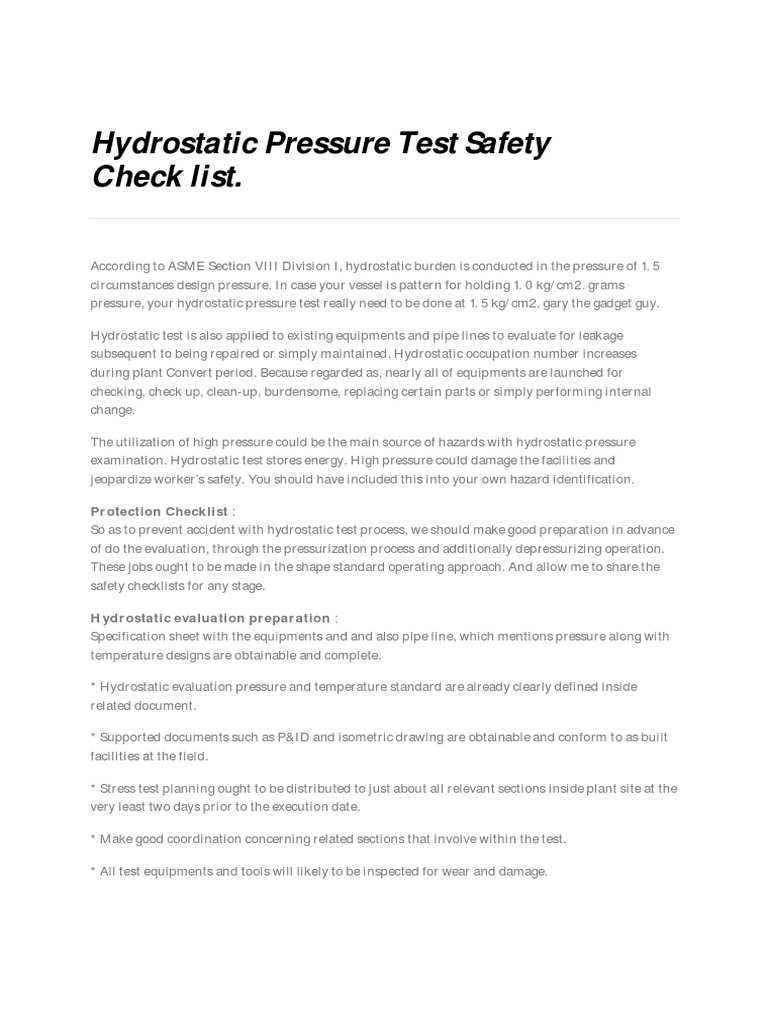 Hydrostatic Pressure Test Safety Check List | PDF | Gases | Gas ...