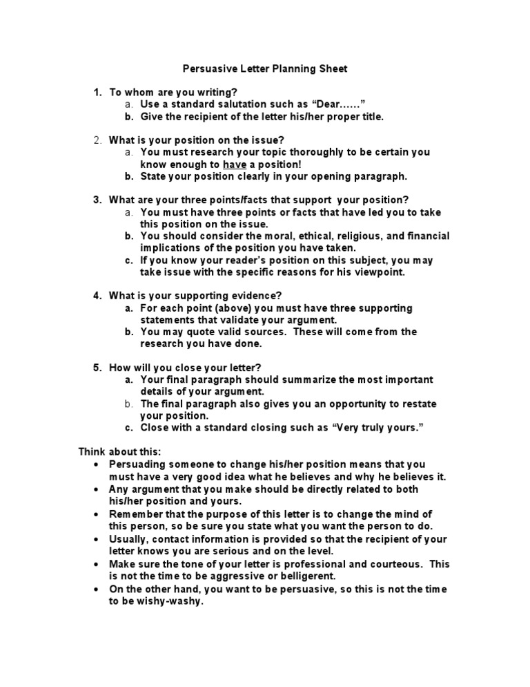 Persuasive Letter Planning Sheet | PDF | Argument | Psychological Concepts