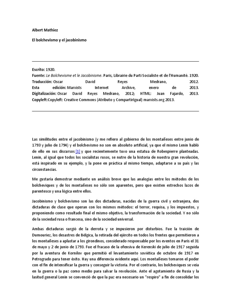 Bolchevismo y Jacobinismo. Mathiez, A. | PDF | Vladimir Lenin ...