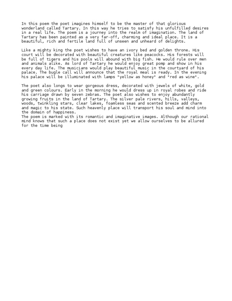 The Critical Summary of The Poem Tartary by Walter de La Mare | PDF