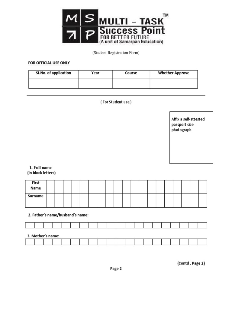 (Student Registration Form) For Official Use Only: SI - No. of ...