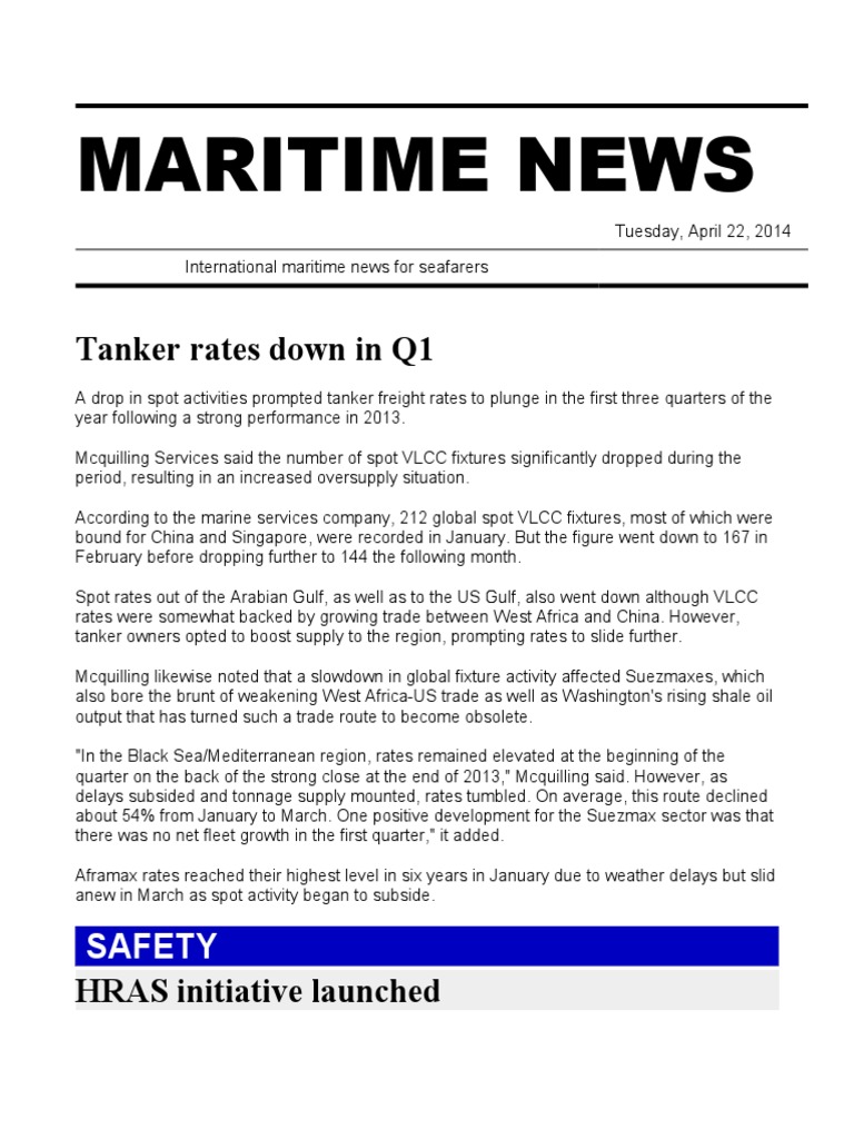 Maritime News: Tanker Rates & HRAS Initiative | PDF | Sea Captain ...