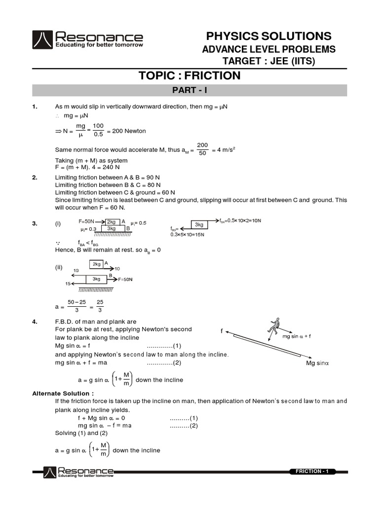 ALP Solutions Friction Physics Eng JEE | PDF | Kinematics | Acceleration