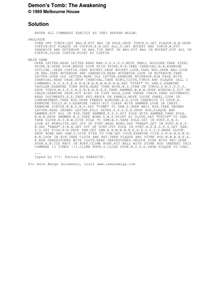 AMIGA - Demon's Tomb The Awakening Solution | PDF | Home & Garden