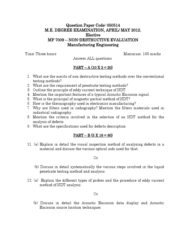 NDT Model Question Paper | Download Free PDF | Nondestructive Testing ...