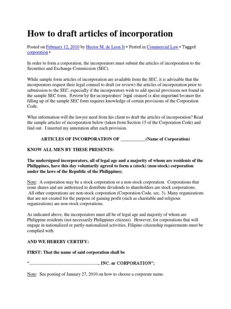 Drafting Articles of Incorporation Guide | PDF | Corporations | Stocks