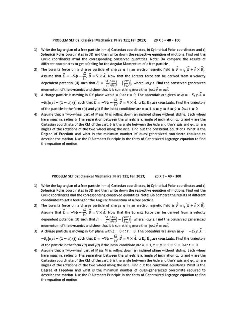 Problem Set 02 | PDF | Lagrangian Mechanics | Momentum