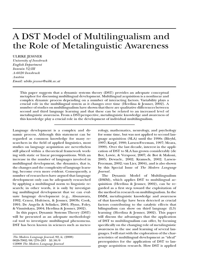 A DST Model of Multilingualism and The Role of Metalinguistic Awareness ...