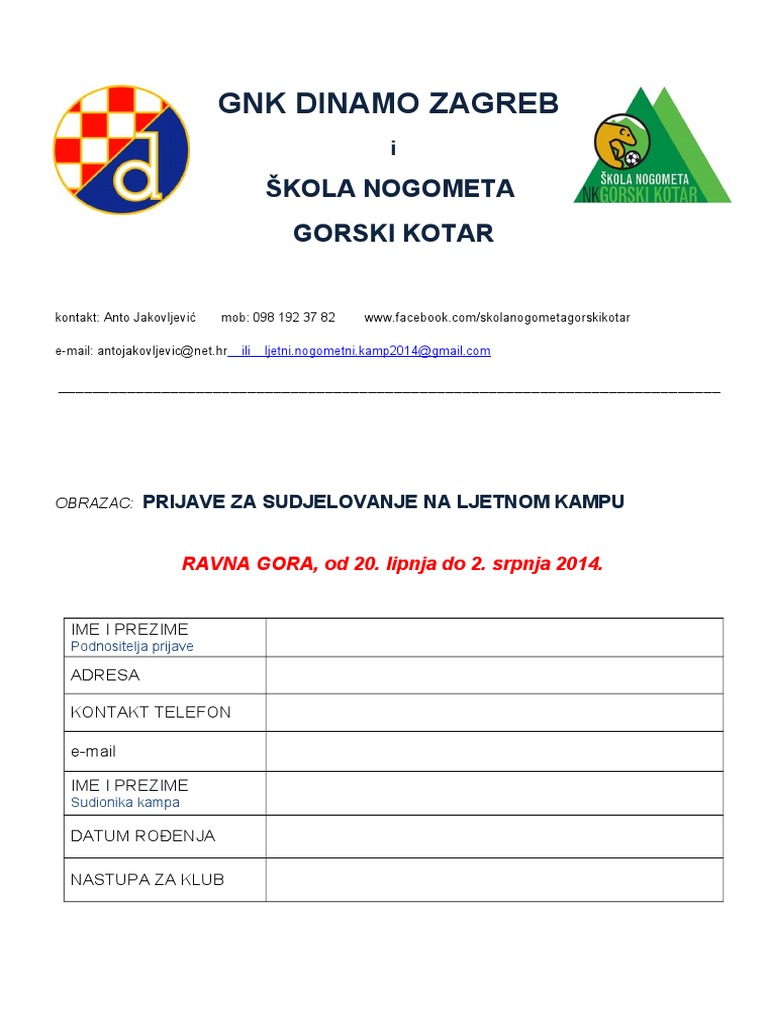 Prijavnica Za Ljetni Nogometni Kamp 2014 - Ravna Gora | PDF