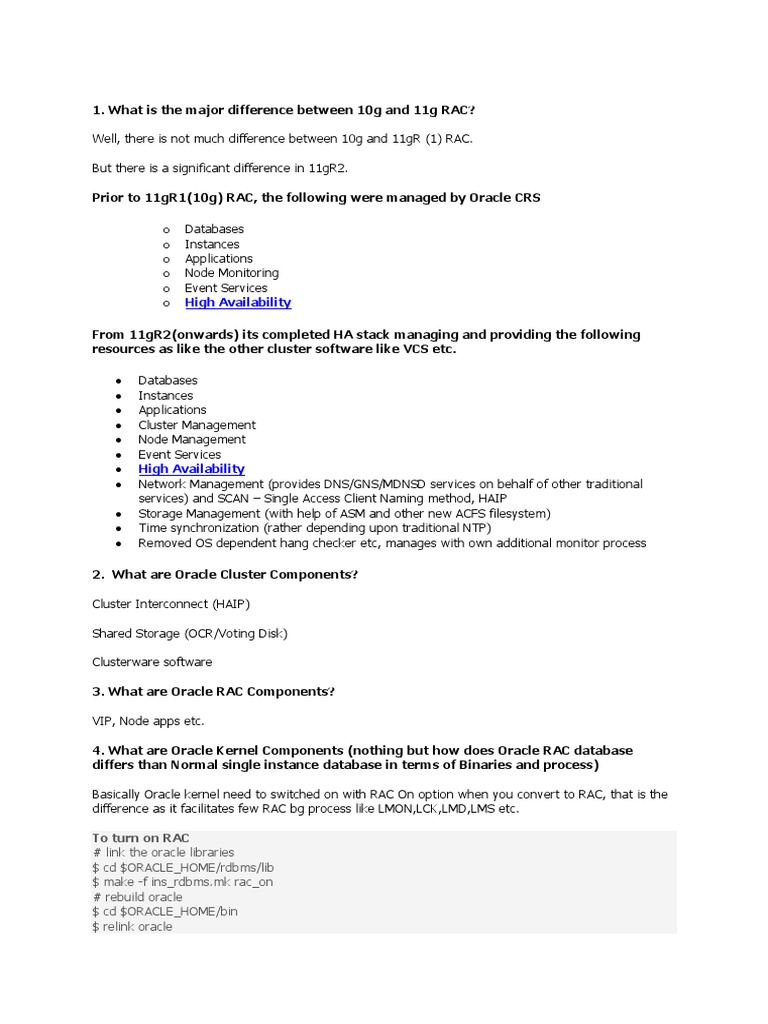 Oracle 11g RAC vs 10g: Key Differences | PDF