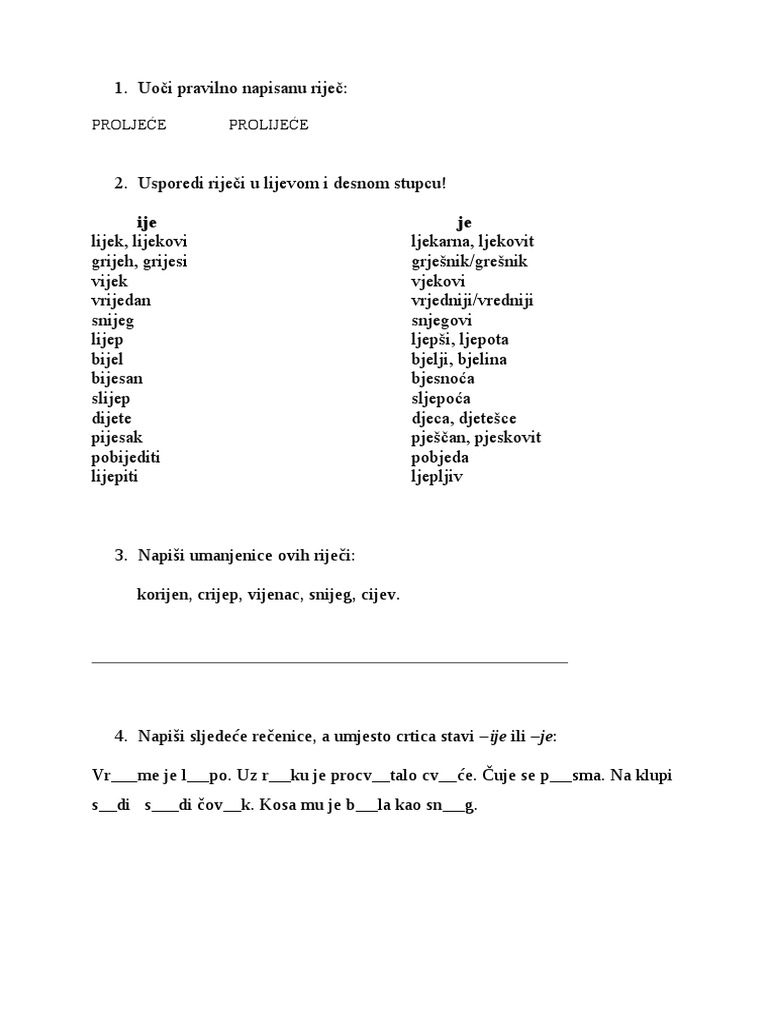 Pisanje Ije Ili Je - Nastavni Listic | PDF