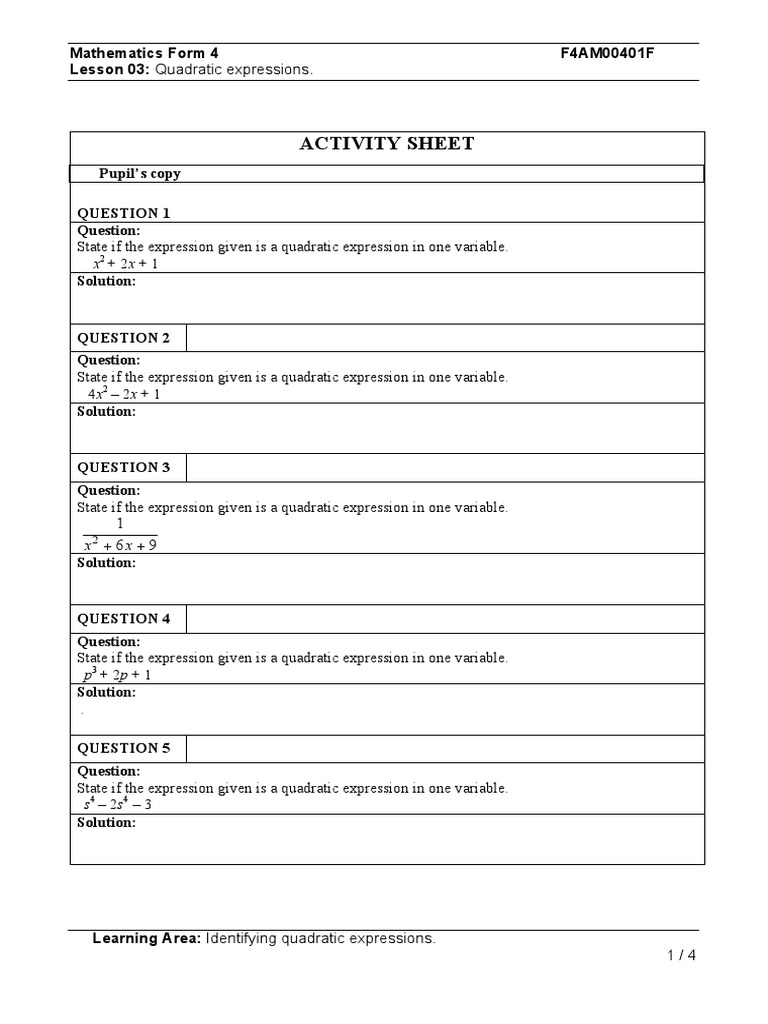 Quadratic Expressions in Form 4 Math | PDF | Factorization | Quadratic ...