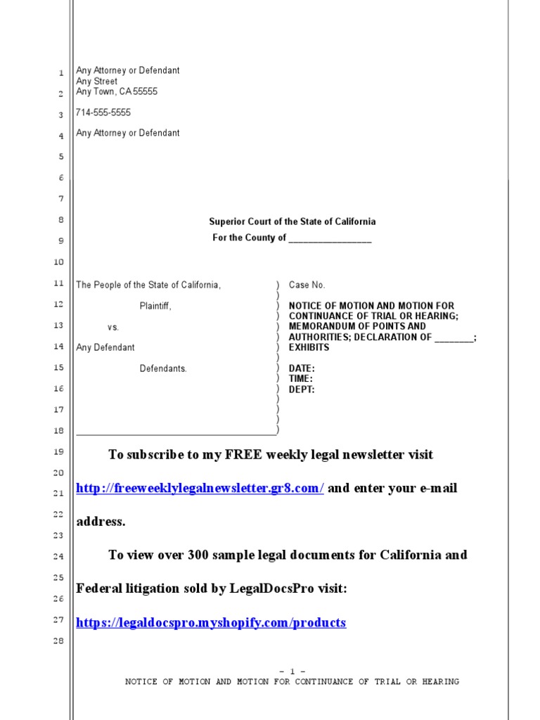 Sample Motion To Continue Trial or Hearing in California Criminal Case ...