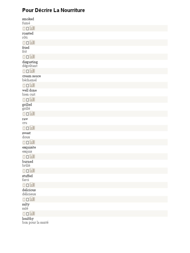 Vocabulaire pour Décrire la Nourriture | PDF | Nourriture et boisson ...