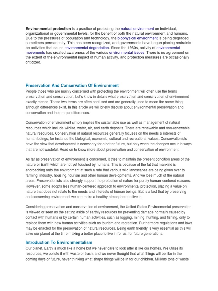 Preservation and Conservation of Environment: Environmental Protection ...