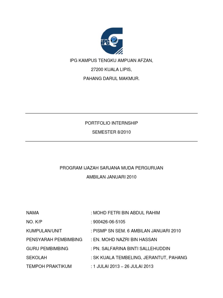 Muka Depan Portfolio Internship Sem 8 | PDF