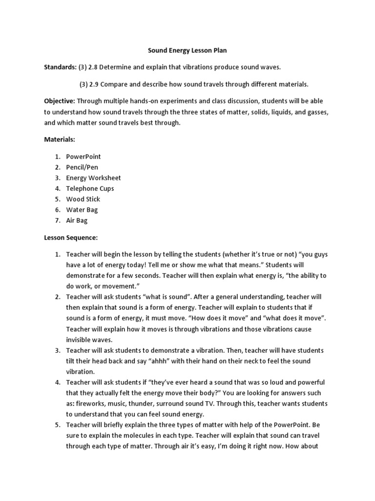 Sound Energy Lesson Plan | PDF | Sound | Lesson Plan
