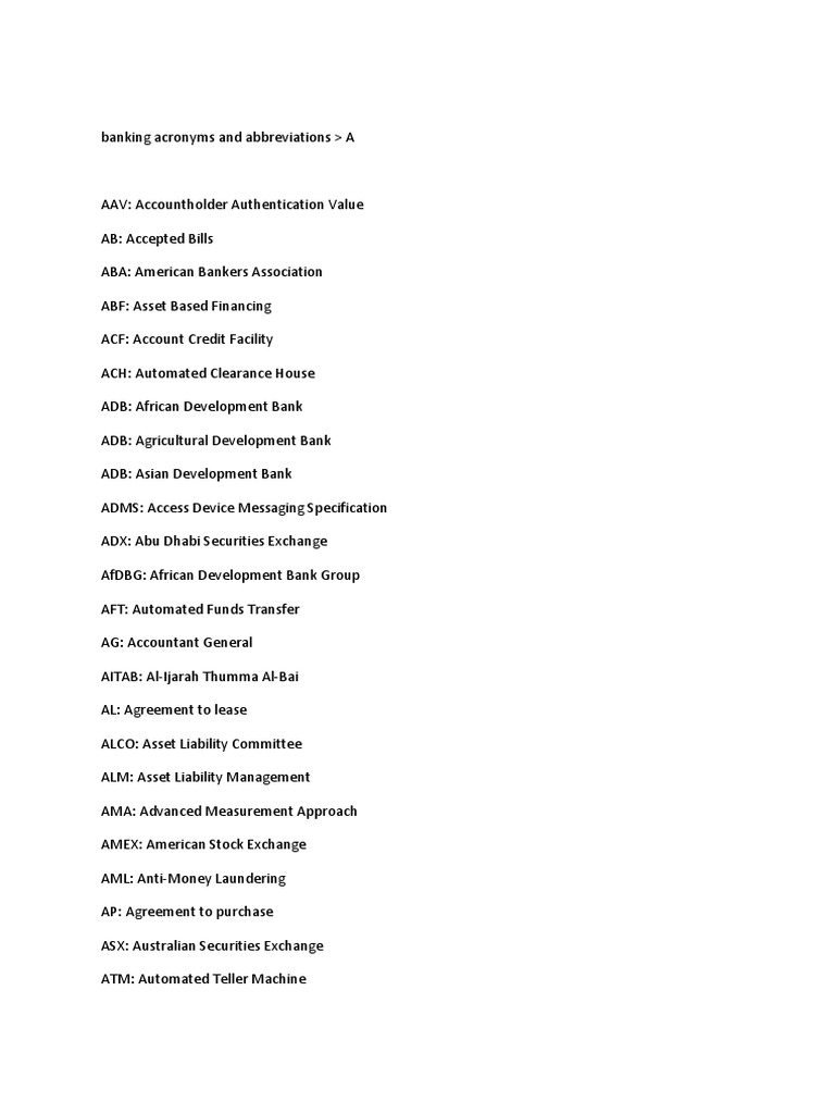 Banking Acronyms and Abbreviations Guide | PDF | Securities (Finance ...