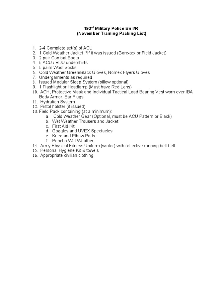 Military Police Training Gear List | PDF
