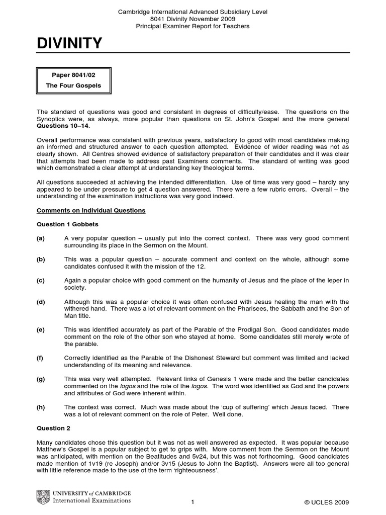 Divinity: Paper 8041/02 The Four Gospels | PDF | Gospels | Sermon On ...
