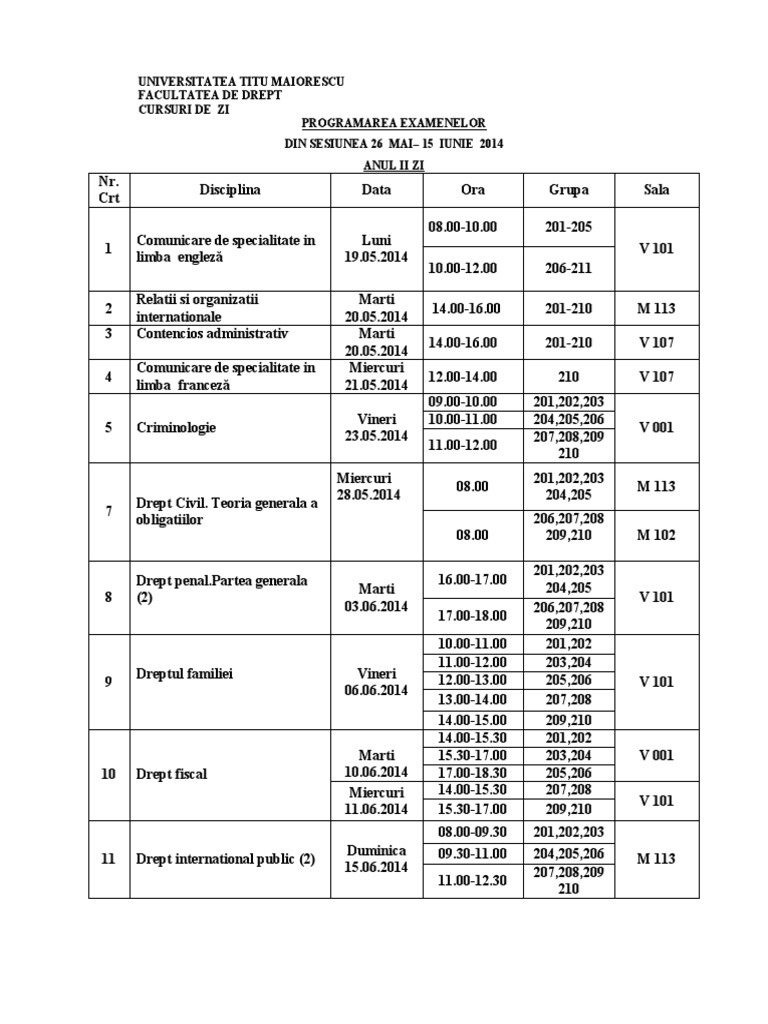 Exam Schedule for Law Faculty 2014 | PDF