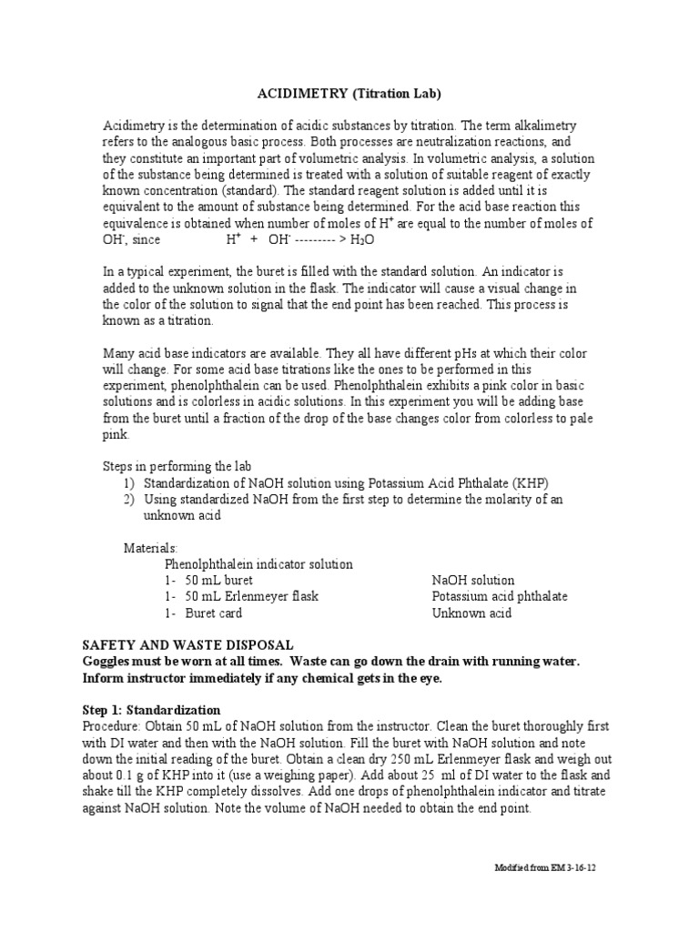 Lab Acidimetry 2012 | PDF | Titration | Chemistry