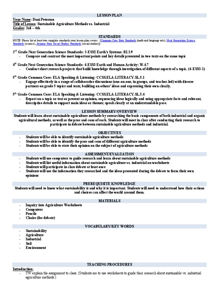 Sustainable Agriculture Lesson Plan | PDF | Lesson Plan | Common Core ...