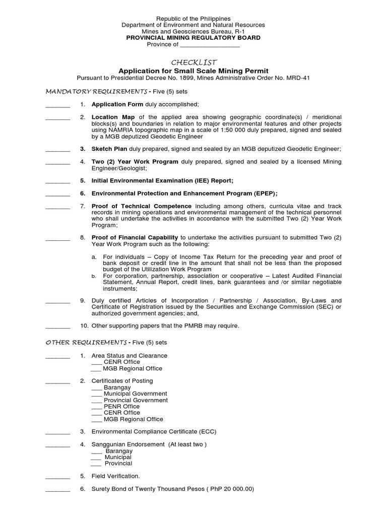 Application For Small Scale Mining Permit: Checklist | PDF | Mining ...