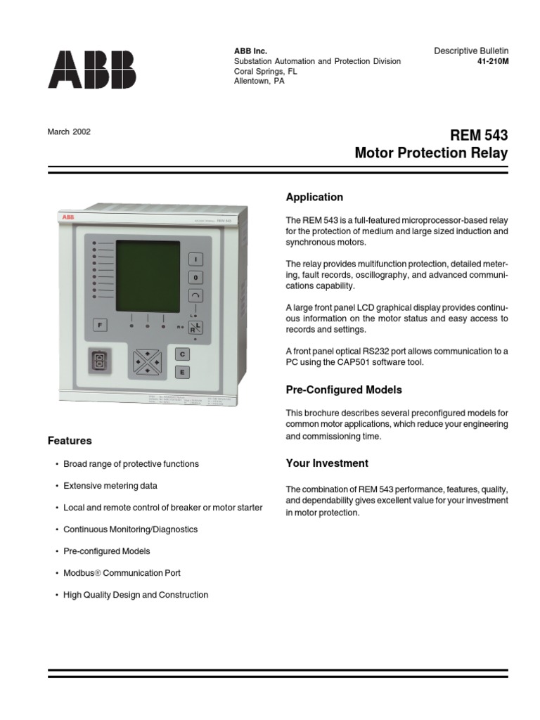 REM 543 Motor Protection Relay: Application | PDF | Electromagnetic ...