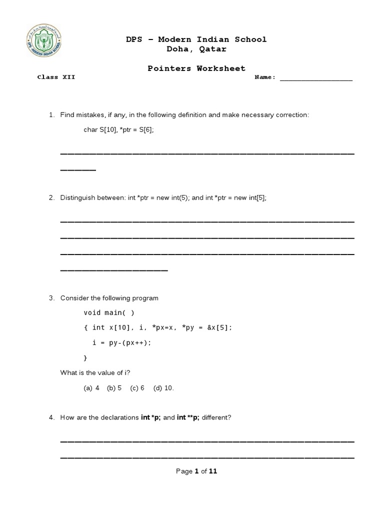 DPS - Modern Indian School Doha, Qatar Pointers Worksheet: Class XII Name | PDF | Pointer ...