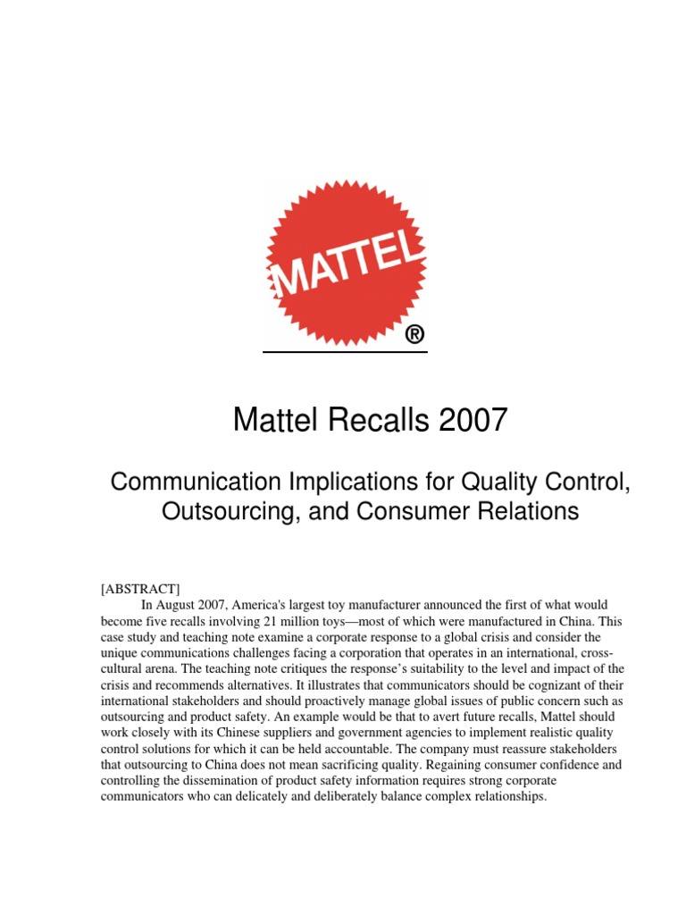 Mattel Recalls 2007: Communication Implications For Quality Control ...