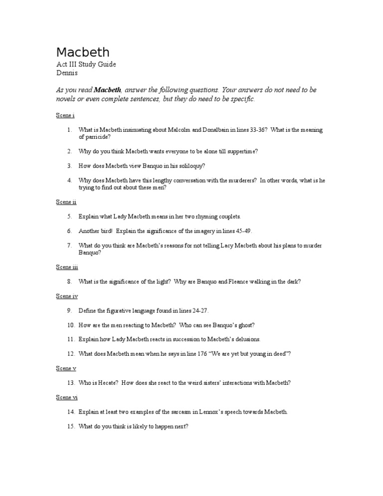 Act III Study Guide Dennis As You Read Macbeth, Answer | PDF